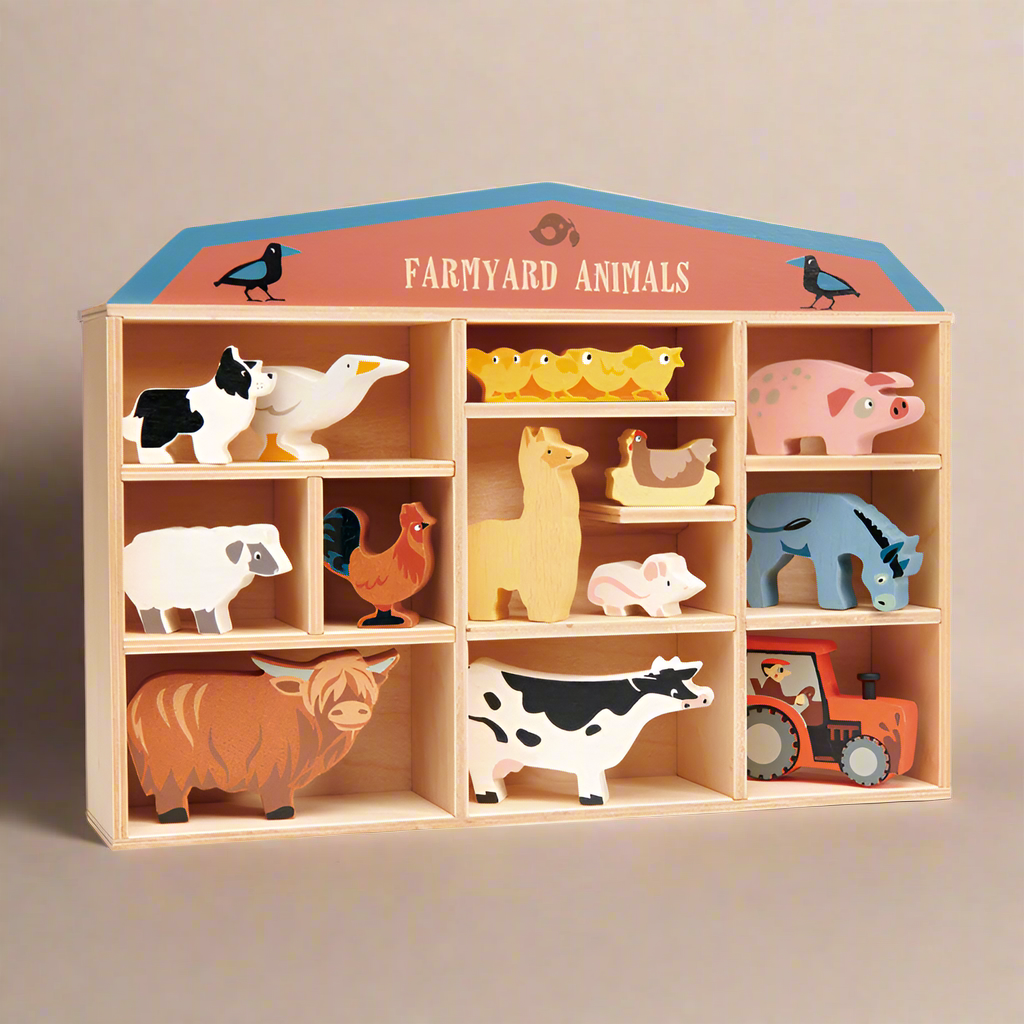 Wooden Farmyard Animals Set with Display Shelf – Tender Leaf Toys – Curious Moonbeam